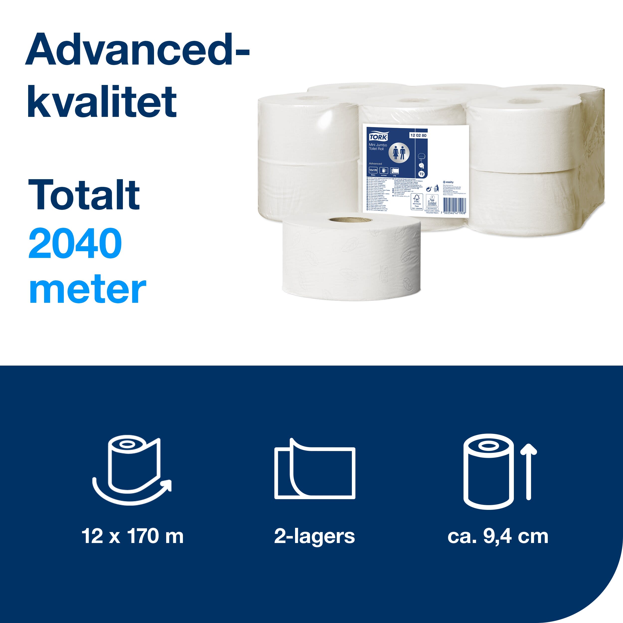 Toalettpapper Tork Advanced T2 Mini Jumbo 12rl | Carepa